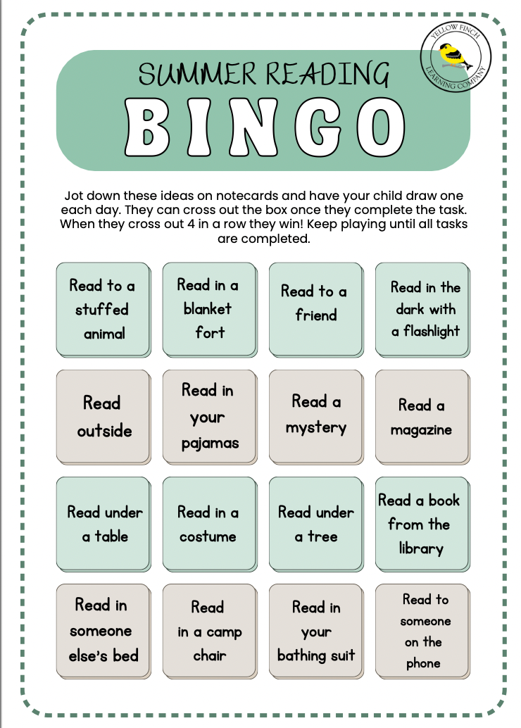 Reading Bingo- FREE DOWNLOAD – Yellow Finch Learning